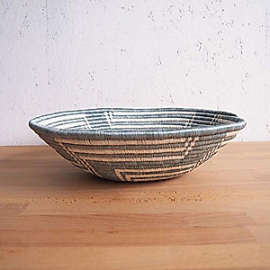 16" X-Large African Basket- Malindi/Rwanda Basket/Woven Bowl/Sisal & Sweetgrass Basket/Blue-Gray, White