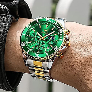 OLEVS Mens Watches Green Chronograph Luxury Dress Moon Phase Quartz Stainless Steel Waterproof Luminous Business Calendar Wrist Watch
