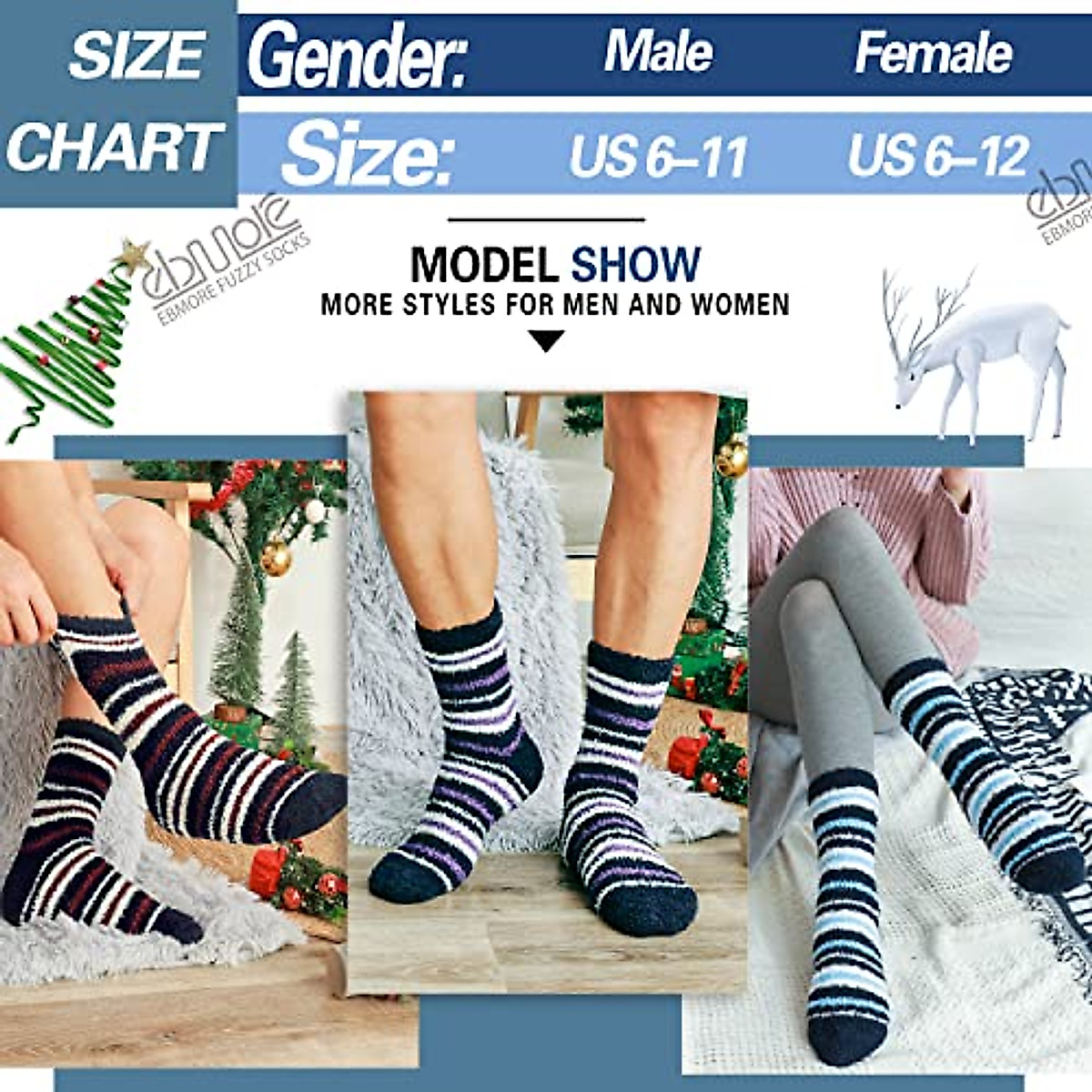 Fuzzy Socks for Men & Women Slipper Fluffy Warm Winter Non Slip Skid Thick Cozy Sleep Socks with Grips Cabin Soft Stocking Stuffers Christmas Gift Socks（Stripe 6 Pairs)