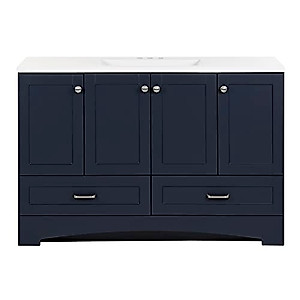 Spring Mill Cabinets Emlyn 48 Inch Bathroom Vanity with White Single Sink Top, 3 Cabinets, 2 Shelves, 2 Drawers, 48.5" W x 18.75" D x 32.89" H, Deep Blue