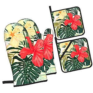 Summer Hawaiian Oven Mitts and Pot Holders Sets Kitchen Hot Pad Non-Slip Heat Resistant Waterproof Baking BBQ Cooking Gloves(4 Piece)