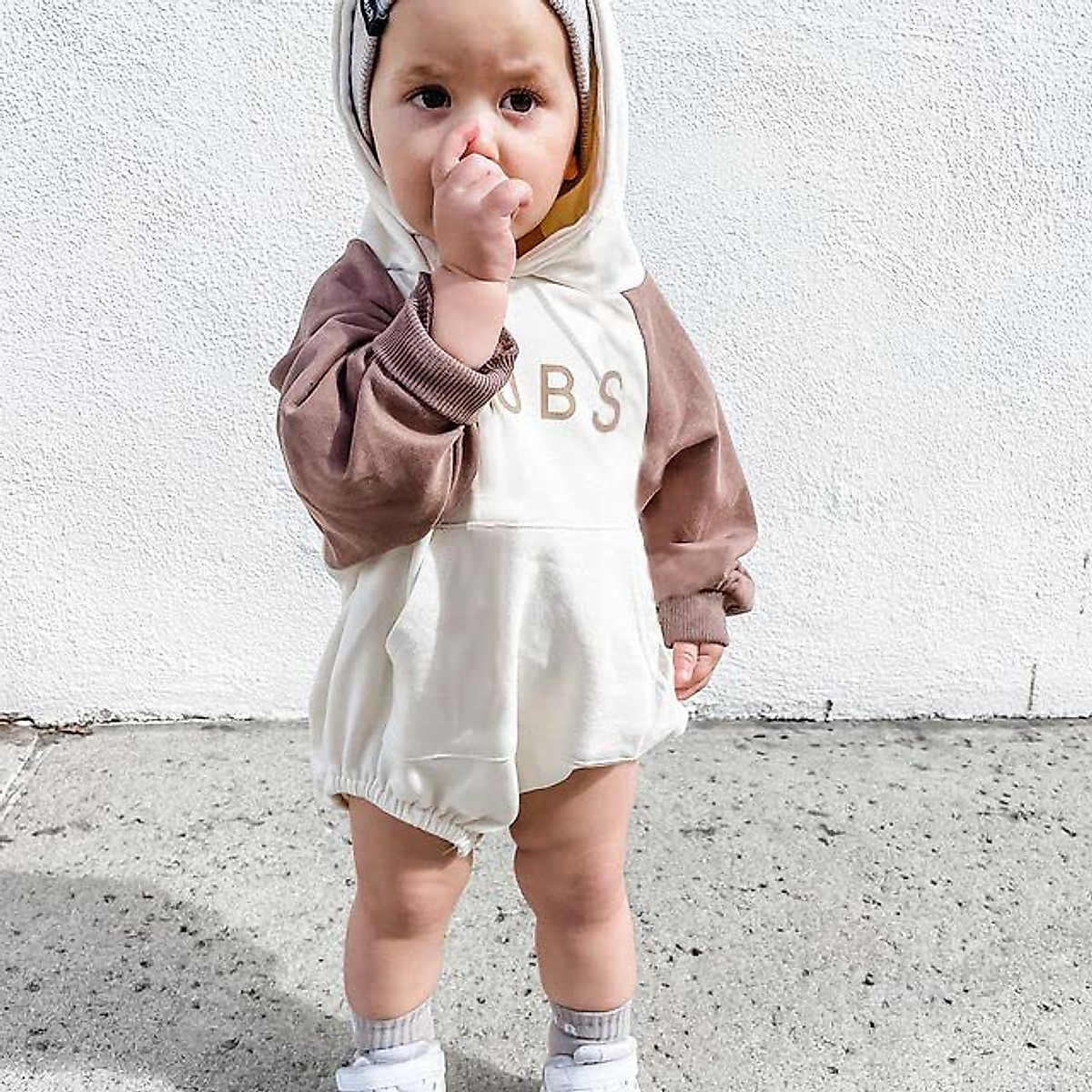 Ayalinggo Baby Sweatshirt Onesie Oversized Romper Crewneck Pullover Hoodie Sweater Infant Boy Girl Fall Winter Outfit (White&Brown BUBS,6-12 Months)