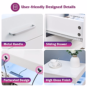 DMIDYLL High Glossy LED Nightstand, White Night Stand with Charging Station and LED Lights, Wood Night Stand with Drawers & Open Shelf, Smart Nightstand for Bedroom