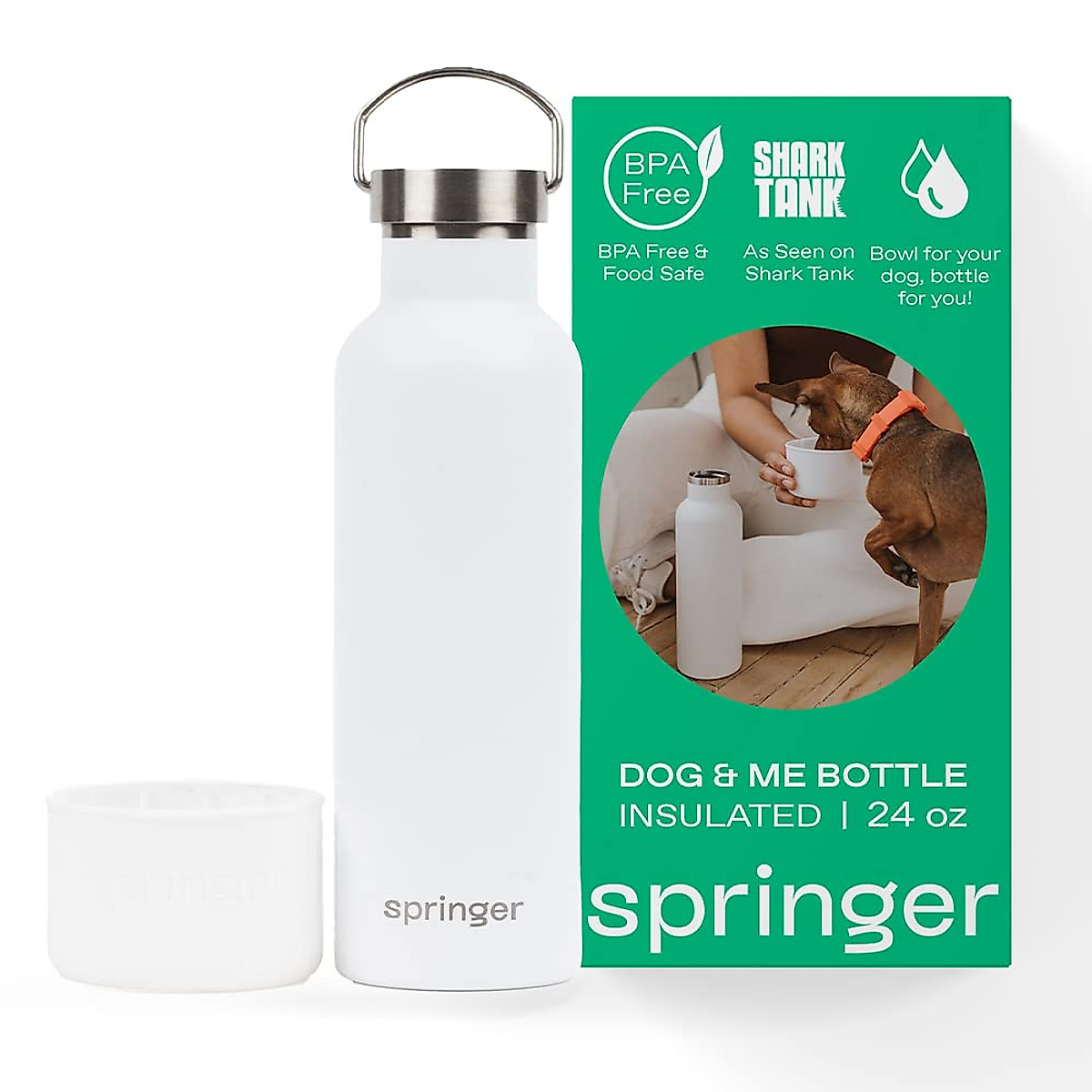 Springer Dog and Me Water Bottle, Stainless Steel Insluated Water Bottle, Keeps Water Cold for 12 Hours (White)
