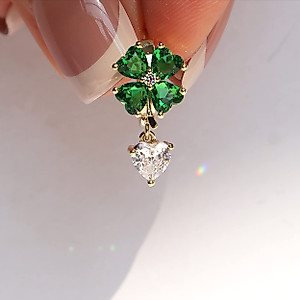 Sonateomber Sparkly Green Clover Leaf Small Gold Huggie Earrings for Women - Cute Heart Cubic Zirconia, Drop Dangle Circle Hoop Girl Cartilage Jewelry Gift