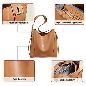 Leather Hobo Handbags for Women, Cowhide Leather Ladies Large Capacity Shoulder Bucket Purse and Handbags (Brown)