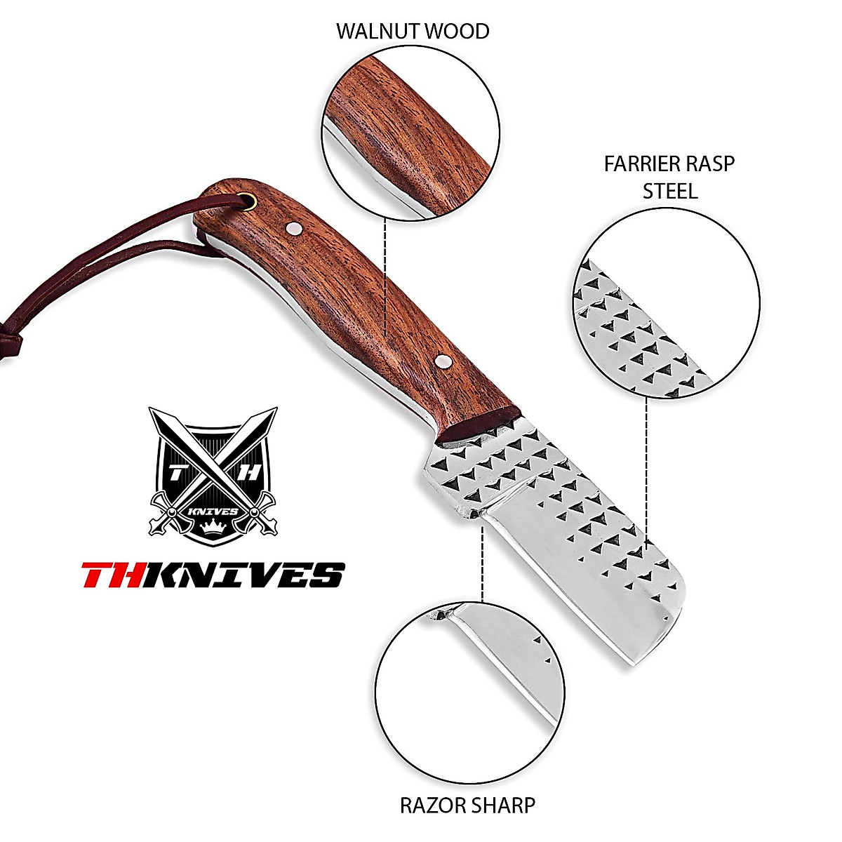 TH knives Handmade Farrier Rasp Steel Bull Cutter Knife with Pancake leather Sheath Fixed Blade Western Cowboy knife, Utility knife for Hunting, Camping, outdoor Full Tang EDC knife with Burn Bone