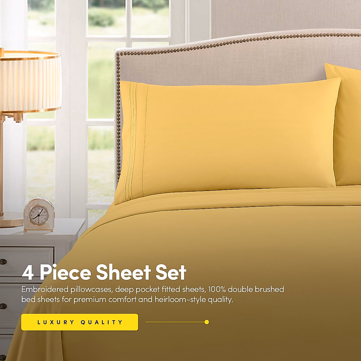 1500 Supreme Collection Queen Sheet Sets Yellow - Luxury Hotel Bed Sheets and Pillowcase Set for Queen Mattress - Extra Soft, Elastic Corner Straps, Deep Pocket Sheets, Queen Yellow