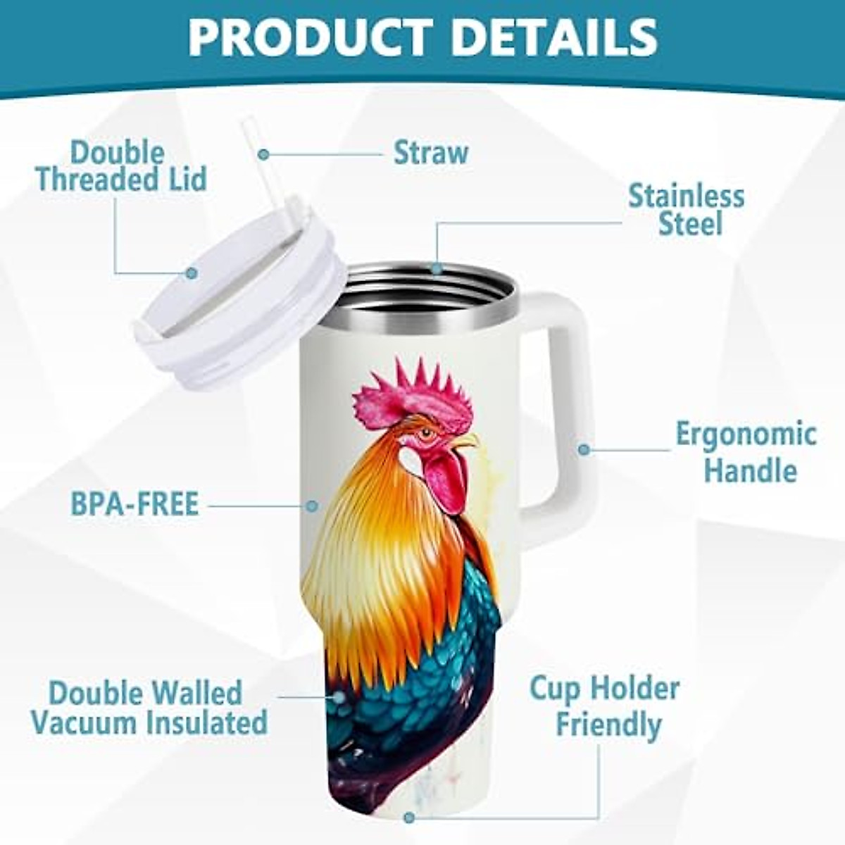 ODAWA Large Travel Coffee Tumbler with Straw and Handle, Rooster Beige Spill Proof Tumbler with Straw