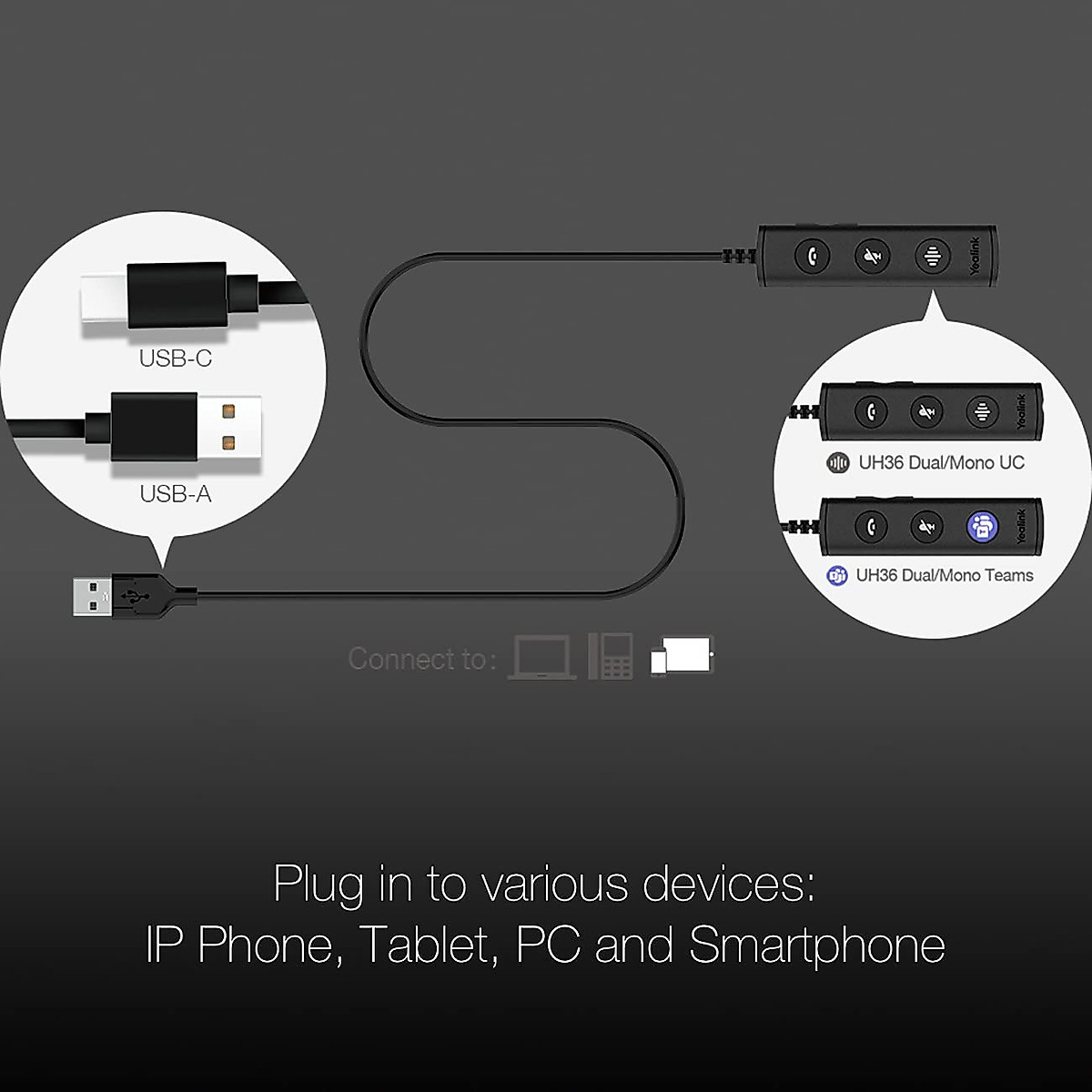 GTW Yealink UH36 Mono Teams Certified Wired Headset (USB Connect) , Connects to Deskphone, PC/Mac, Softphones - Works with Teams, Zoom, RingCentral, 8x8, Vonage, Microfiber Included
