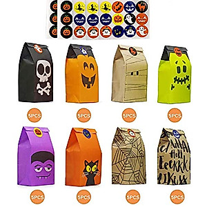 Kalolary 40Pcs Halloween Trick or Treat Goody Gags in 8 Designs, Paper Gift Bags Party Favor Candy Bags with 60Pcs Trick-or-Treat Stickers for Halloween Decoration