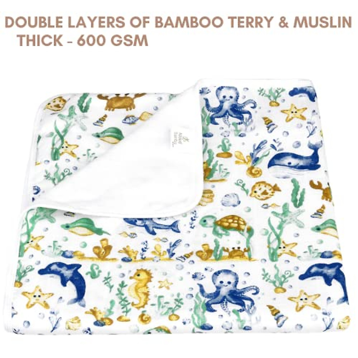 KloudBambu Hooded Baby Towel, Super Soft to Sensitive Skin, Ultra Absorbent, for Newborn, Infant, Toddler Girls and Boys, Seaworld Print