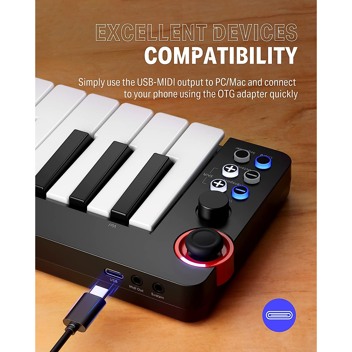 USB MIDI Keyboard Controller MINI 32-Key, Donner N-32 with Screen, Sequencer, Chord, Bend Sound Effects By Light-up Joystick for Mac/PC, Music Production Software, 40 Teaching Courses
