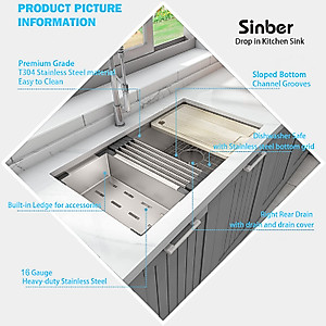 Sinber 32" x 19" x 10" Undermount Single Bowl Workstation Kitchen Sink with 16 Gauge 304 Stainless Steel Satin Finish 6 Accessories KSS0001S-OK