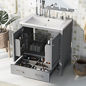 Aiuyesuo Multifunctional Storage 30" Grey Bathroom Vanity with Single Sink, Combo Cabinet Undermount Sink, Solid Wood Bathroom Cabinet Frame with 2 Doors and A Drawer, Soft Closing