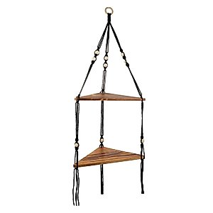 lamphle Wall Mount Corner Shelf Wood, 2 Tier Wall Hanging Floating Corner Wall Shelf with Cord Hole Tall Corner Display Shelf Boho Decor Large Triangle-Storage Shelf for Living Room Black