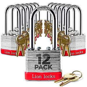 Lion Locks 12 Keyed Alike Padlocks with 2" Long Shackle, 24 Keys - Padlocks for Outdoor Use, Locks with Keys, Hardened Steel Case, Pick Resistant Brass Pin Cylinder for Hasp Latch, Locker, Gate