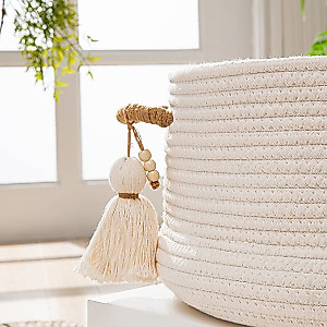 KAKAMAY Woven Baskets for Storage(16"x8"),Blanket Basket for Organizing Living Room,Cotton Rope Basket Woven Baby Laundry Hamper,Collapsible Laundry Room Organization,Clothes,Toy Chest(White)