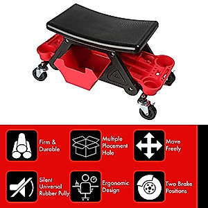 Flieeya Mechanic Stool Heavy Duty Roller Mechanics Seat Creeper Seat Garage Roller Car Detailing Stool Seat Garage Seats with Slide Out Tool Trays and Drawer, Brake Stool, 300 LB Capacity