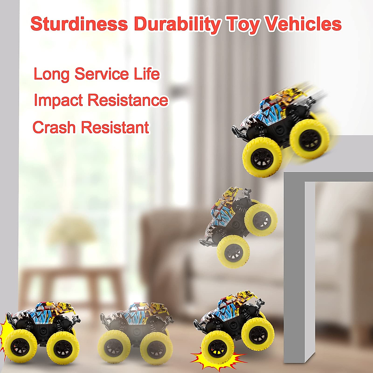M SANMERSEN Car Toys for Toddlers 1-3, 2 Pack Monster Toys Truck 360° Rotating Stunt Cars - Push and Go Toy Cars Boys Girls Birthday Christmas Easter Gifts