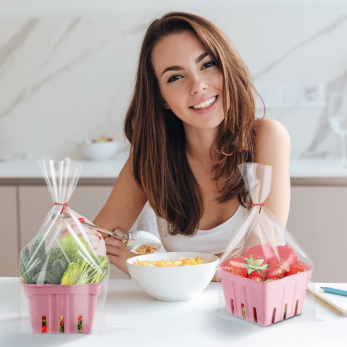 300 Pcs Pulp Fiber Basket Set, 100 Pcs Berry Basket Small Strawberry Vented Fiber Basket 100 Pcs Clear Packaging Bags 100 Pcs Tie Strips for Kitchen Market Fruit Vegetable Produce Storage (Pint Pink)