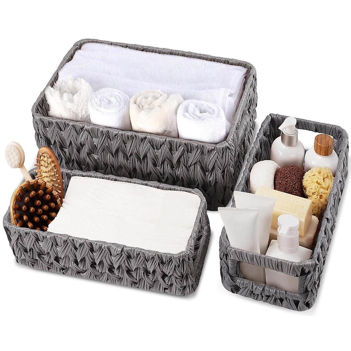 XLHOMO Bathroom Wicker Baskets Large for Shelves, Organizing, Waterproof Woven Storage with Handle for Toilet Shelf Baskets, Laundry Room, 3-Pack (Gray, Large)