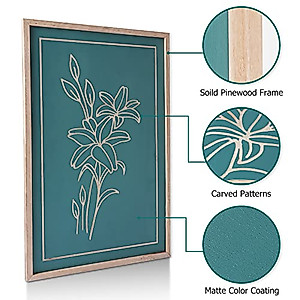 NELONY Botanical Wall Art with Frame, 16"x24" Minimalist Wooden Carved Flower Wall Decorations, Modern Farmhouse Aesthetic Decor for Home, Living Room, Bedroom, Office (Teal Green)