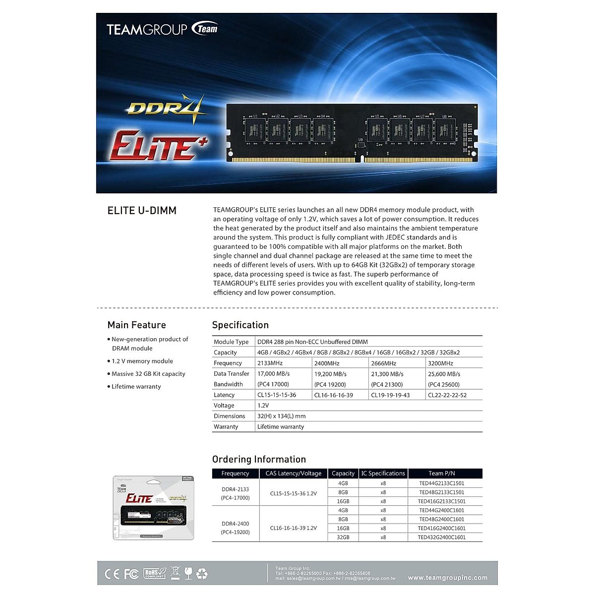 TEAMGROUP Elite DDR4 64GB Kit (2 x 32GB) 3200MHz (PC4-25600) CL22 Unbuffered Non-ECC 1.2V UDIMM 288 Pin PC Computer Desktop Memory Module Ram Upgrade - TED464G3200C22DC01