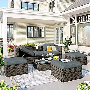 Merax 5-Piece Patio PE Rattan Wicker Sofa with Adustable Backrest,Cushions,Ottomans and Lift Top Coffee Table,Outdoor Furniture Sets,Dark Grey