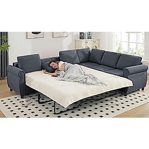 Plococo Sleeper Sofa with Queen Mattress, 2 in 1 Pull Out Couch Bed,6 Seater Sofa Bed, L Shaped Sleeper Sectional Sofa Couch,Riveted Sofa,104'' Large Combined Sofa in Living Room (Gray)