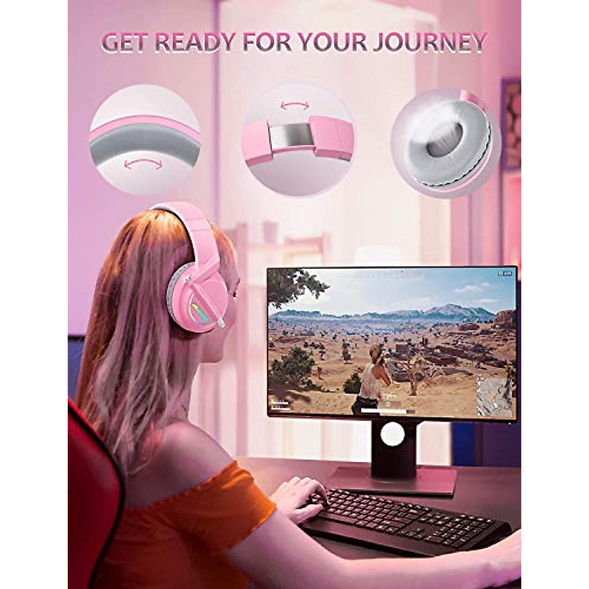 Pink game headset CM6000, suitable for PC, PS4, PS5, Xbox One, Nintendo Switch, PS4 headset with crystal noise reduction microphone and LED light, 7.1 stereo surround sound game headset