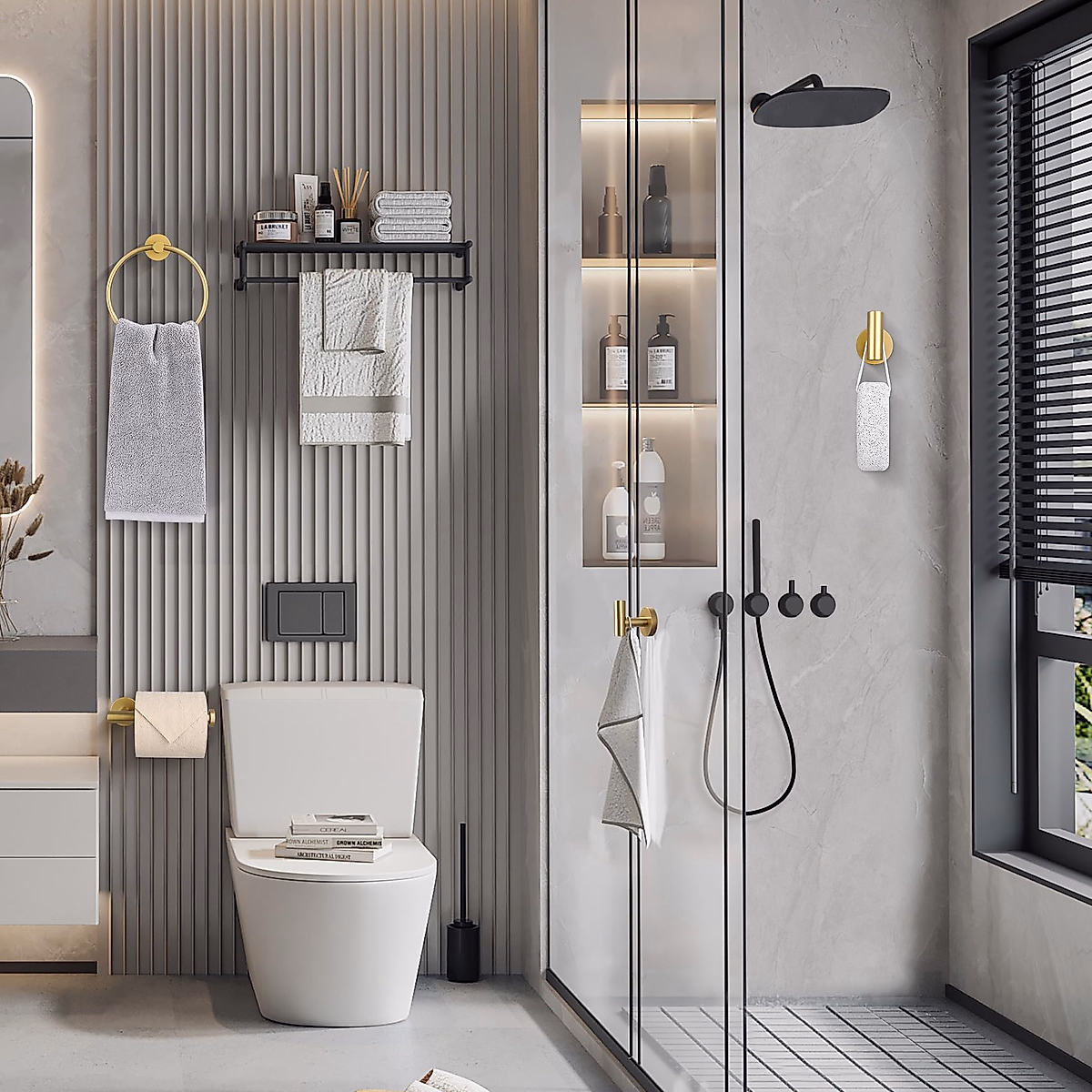 Lairuier Bathroom Hardware Set, 4-piece Towel Bar Set Include Toilet Paper Holder,Towel Ring and 2 towel hooks Stainless Steel Wall Mounted Bathroom Hardware Accessories Set (Brushed Gold)