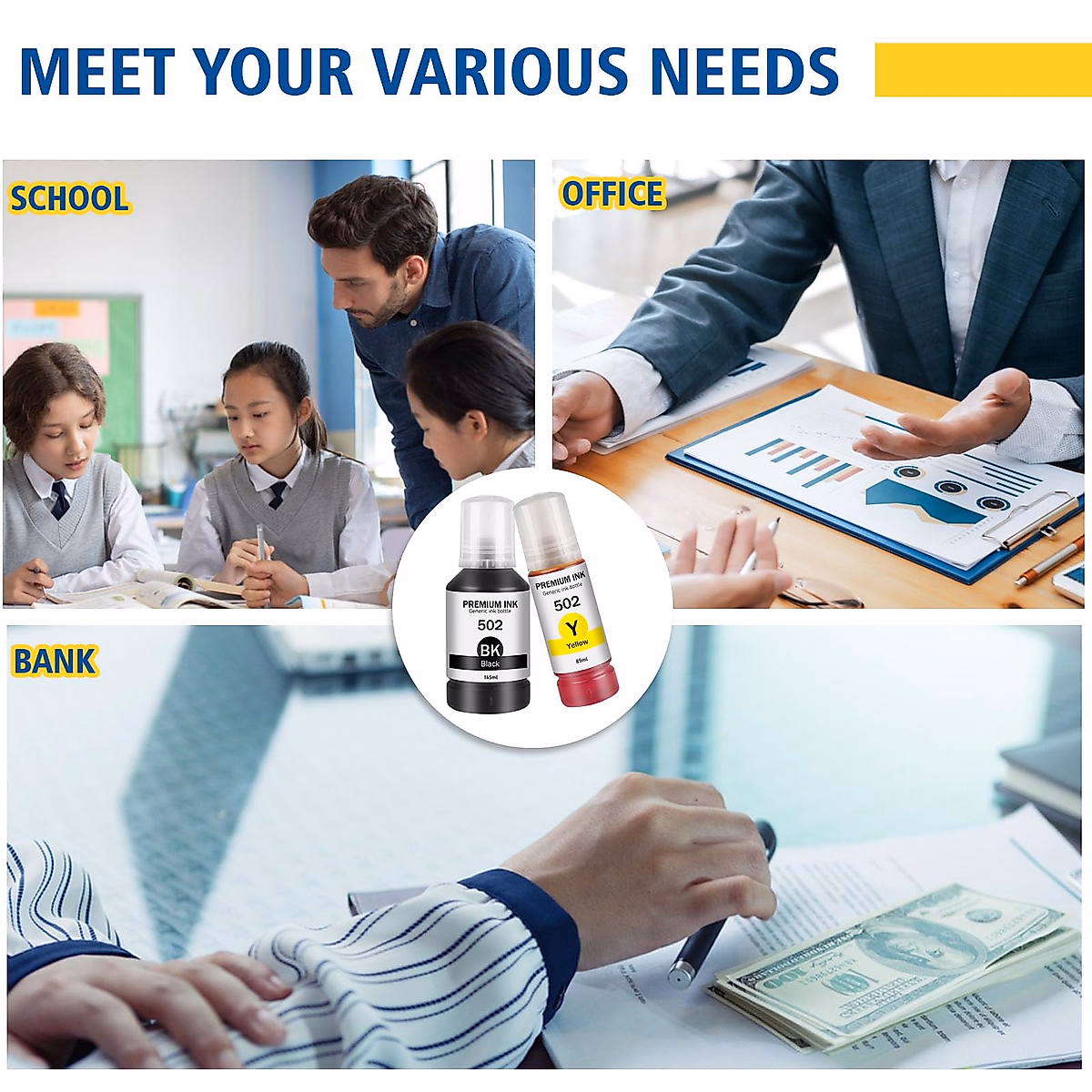 NMCHXBM Compatible Ink Cartridge Bottle (Non-Sublimation) Replacement for Epson 502 (Photo Black, Black, Magenta, Yellow and Cyan, 5-Pack)