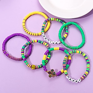 7 PCS Heishi Mardi Gras Bracelets Beaded Happy Carnival Bracelets Fleur de lis Letter Beads Rhinestone Mardi Gras Stretch Bracelets for Women Holiday Gift