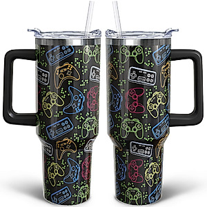puhnhsv 40 oz Gaming Tumbler With Handle and Straw, 30oz Insulated Stainless Gaming Tumbler Coffee Travel Mugs Cup Water Bottle Game Lovers Gifts for Men Boys