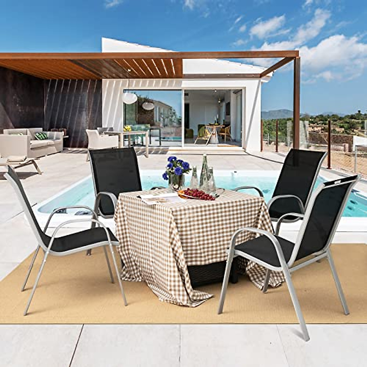 Tangkula Set of 4 Stackable Outdoor Dining Chairs, Patio Chairs with Armrests and Sturdy Steel Frame, Outdoor Armchairs for Lawn, Poolside and Backyard (Gray)