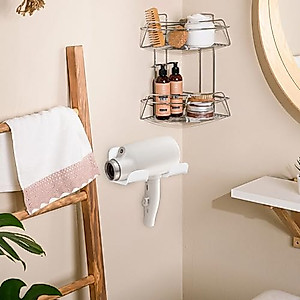 Gjinxi 2Pcs Universal Hair Dryer Holder, Blow Dryer Holder Wall Mounted, Adhesive Hair Dryer Hook with Plug&Cord, Sticke on Wall Hair Dryer Organizer for Cabinet Bathroom (White)