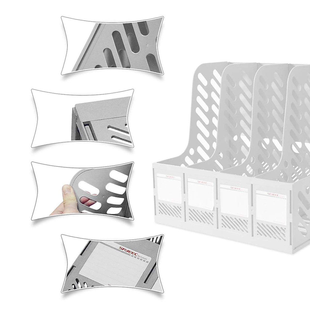 SAYEEC 4 Compartment File Holder Folder Grid Bookshelf Magazine Organizer Plastic File Frame Desktop with Blank Labels A7 Notebook Storage Assemble File Box for Work/Office/Study
