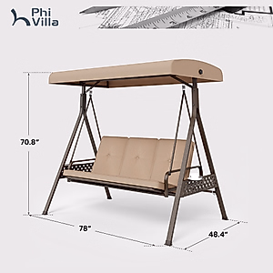PHI VILLA 3-Seat Porch Swing with Adjustable Canopy,Outdoor Swing Chair with Cup Holders and Removable Cushion,Patio Swing Chair/Bench for Porch, Garden, Poolside, Balcony&Backyard,Beige