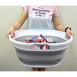 SAMMART 36L (9.5 Gallon) Collapsible 3 Handled Plastic Laundry Basket-Foldable Pop Up Storage Container-Portable Washing Tub-Space Saving Basket/Water Capacity 27L/7.1 Gallon (1, Grey)
