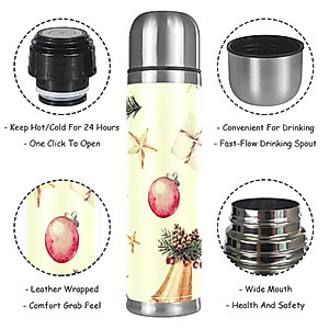 Stainless Steel Leather Vacuum Insulated Mug Christmas Bell Thermos Water Bottle for Hot and Cold Drinks Kids Adults 16 Oz
