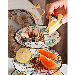 3 Tier Ceramic Vintage Cake Stand with Beautiful Classic Rose Pattern, Food Rack for Displaying Cake Platter