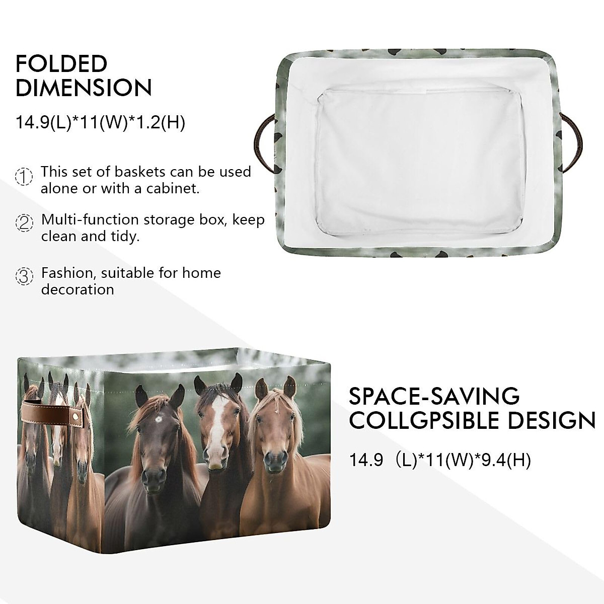 STAYTOP Large Storage Basket Collapsible Toy Storage Bins Waterproof Laundry Basket with Handle.Used for Home Closets, Offices, Bedrooms, Kids Toy and Gift Baskets-Cute Horses（Rectangular）1PCS