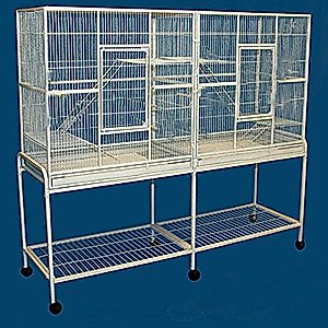 Double Extra Large 3-Tiers Small Animals Critters Wrought Iron Cage Tight 1/2-inch Bar Spacing Center Divider Removable Rolling Stand (63" Lx19 Dx64 H, White Vein)
