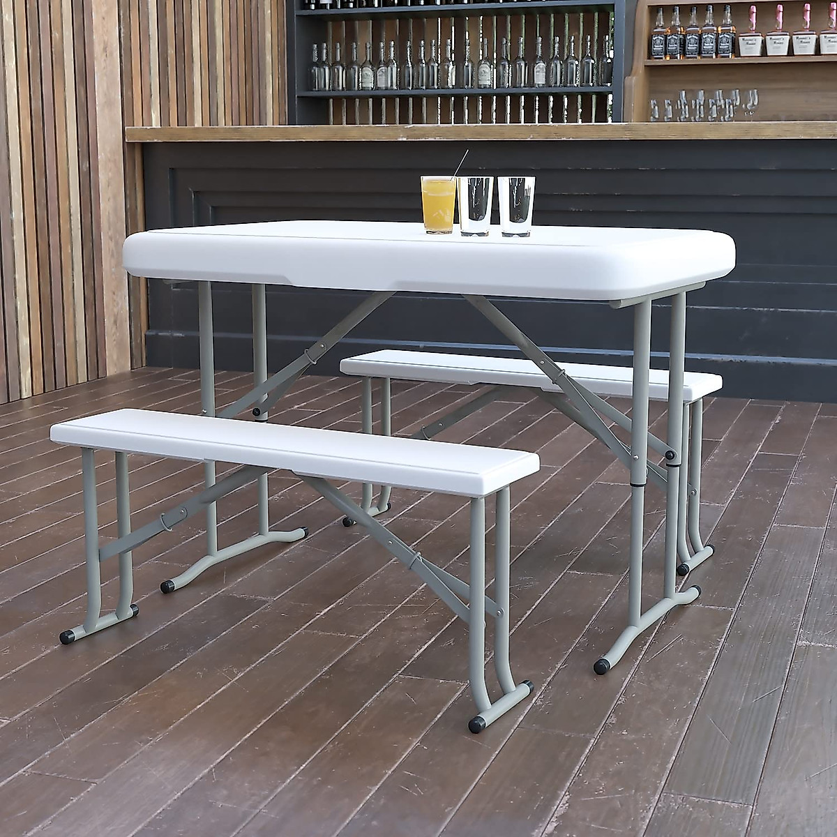 Flash Furniture Rowan 3 Piece Portable Plastic Folding Bench and Table Set,Granite White