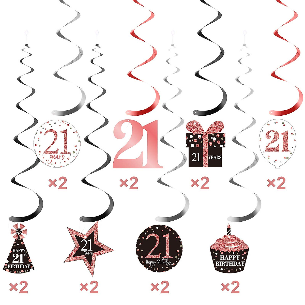 Birthday Party Decorations, Birthday Party Rose Gold Hanging Swirls Ceiling Decorations Shiny Foil Swirls for Birthday Decorations Supplies 30 Count (21 Style)