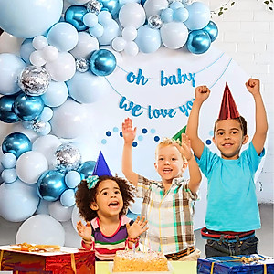 Upgraded,105PCS Gender Reveal Baby Shower Decorations for Boy,Blue and White Birthday Balloons Garland Arch Kit, Oh Baby Birthday Banner, Giltter Dots Birthday Garland+Pump+Complete Accessories