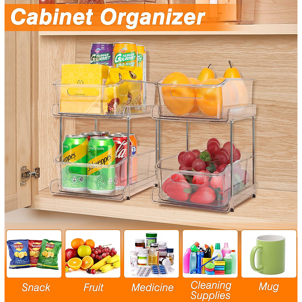 JUPELI Clear Bathroom Organizer, 2 Tier Pull Out Kitchen Closet Undersink Organization and Storage Bins, Convenient and Durable Cabinet Organizer for Snack Spice Jar Medicine and Cosmetics, 2pack