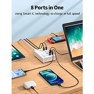 USB Charging Station, 8-Port USB Charger Hub 50W/10A Multi Port Charger for Phone iPad Tablet Multiple Devices (5ft Detachable Cord, White)