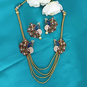 Efulgenz Indian Jewelry Sets for Women Indian Bollywood Multi Layered Traditional Crystal Beaded Wedding Temple Necklace Peacock Earrings Jewelry Set